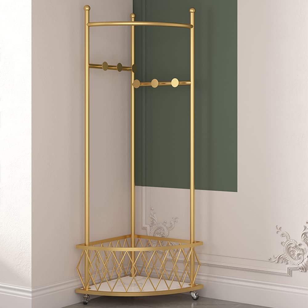 FLRH Metal Corner Coat Rack, Corner Hall Tree with Storage Basket, Freestanding Clothes Rack Organizer for Entryway, Living Room, Bedroom, Home, Office (Gold)