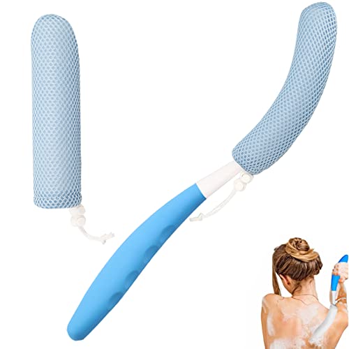 15.35" Back Bath Brush with Sponge,Back Scrubber Bath Mesh with Anti-Slip Curved Long Handle Bath Body Brush for Elderly Aid Bathing and Shower