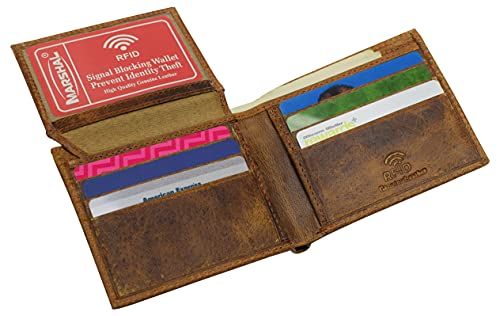 MARSHAL RFID Blocking Genuine Leather Men's Bifold Eagle USA Flag Wallet Gift (Brown)