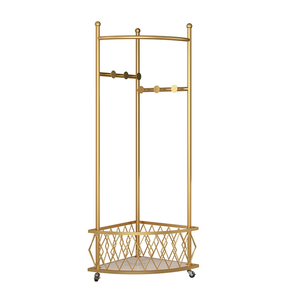 FLRH Metal Corner Coat Rack, Corner Hall Tree with Storage Basket, Freestanding Clothes Rack Organizer for Entryway, Living Room, Bedroom, Home, Office (Gold)