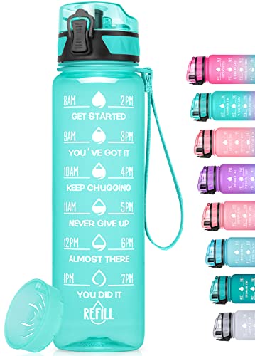 Motivational Water Bottle with Time Marker, 32 oz (950 ml), BPA-Free Plastic, Easy Drink Straw, Fits Cup Holder (1002-Green, 26 oz)