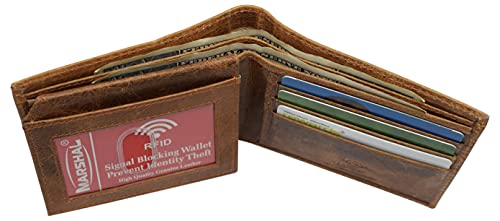 MARSHAL RFID Blocking Genuine Leather Men's Bifold Eagle USA Flag Wallet Gift (Brown)
