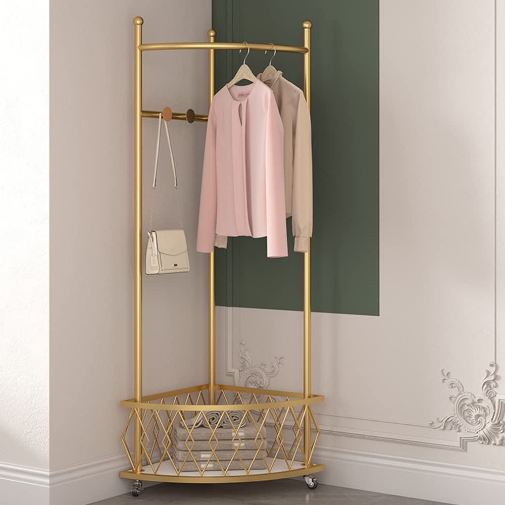FLRH Metal Corner Coat Rack, Corner Hall Tree with Storage Basket, Freestanding Clothes Rack Organizer for Entryway, Living Room, Bedroom, Home, Office (Gold)
