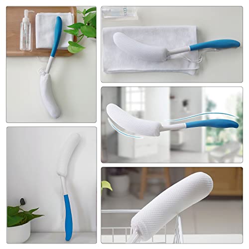 15.35" Back Bath Brush with Sponge,Back Scrubber Bath Mesh with Anti-Slip Curved Long Handle Bath Body Brush for Elderly Aid Bathing and Shower