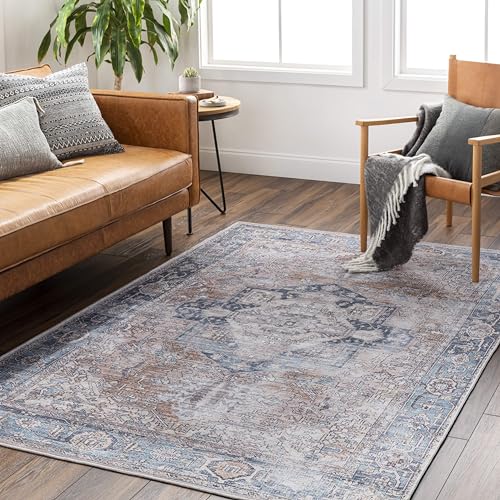 Mark&Day Washable Rugs, 3x12 Wyacondah Traditional Navy Runner Area Rug, Blue Orange Ivory Carpet for Hallway, Kitchen, Bedroom or Living Room (2'7" x 12' Runner, Machine Washable)