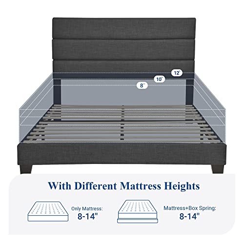 Allewie Queen Size Platform Bed Frame with Fabric Upholstered Headboard and Wooden Slats Support, Fully Upholstered Mattress Foundation/No Box Spring Needed/Easy Assembly, Dark Grey