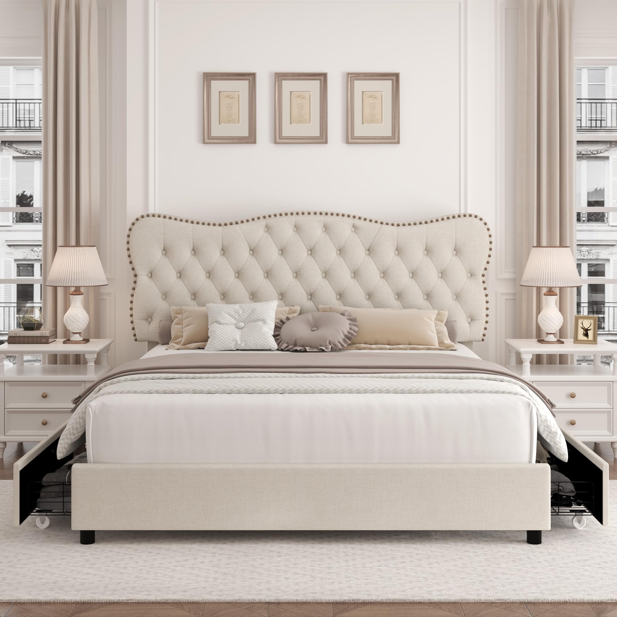 HOSTACK King Bed Frame with 4 Storage Drawers, Upholstered Platform Bed Frame with Button Tufted Headboard, Heavy Duty Mattress Foundation with Wooden Slats, No Box Spring Needed (Beige, King)