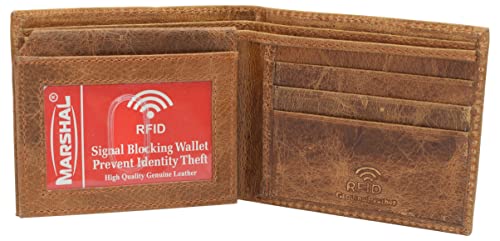 MARSHAL RFID Blocking Genuine Leather Men's Bifold Eagle USA Flag Wallet Gift (Brown)