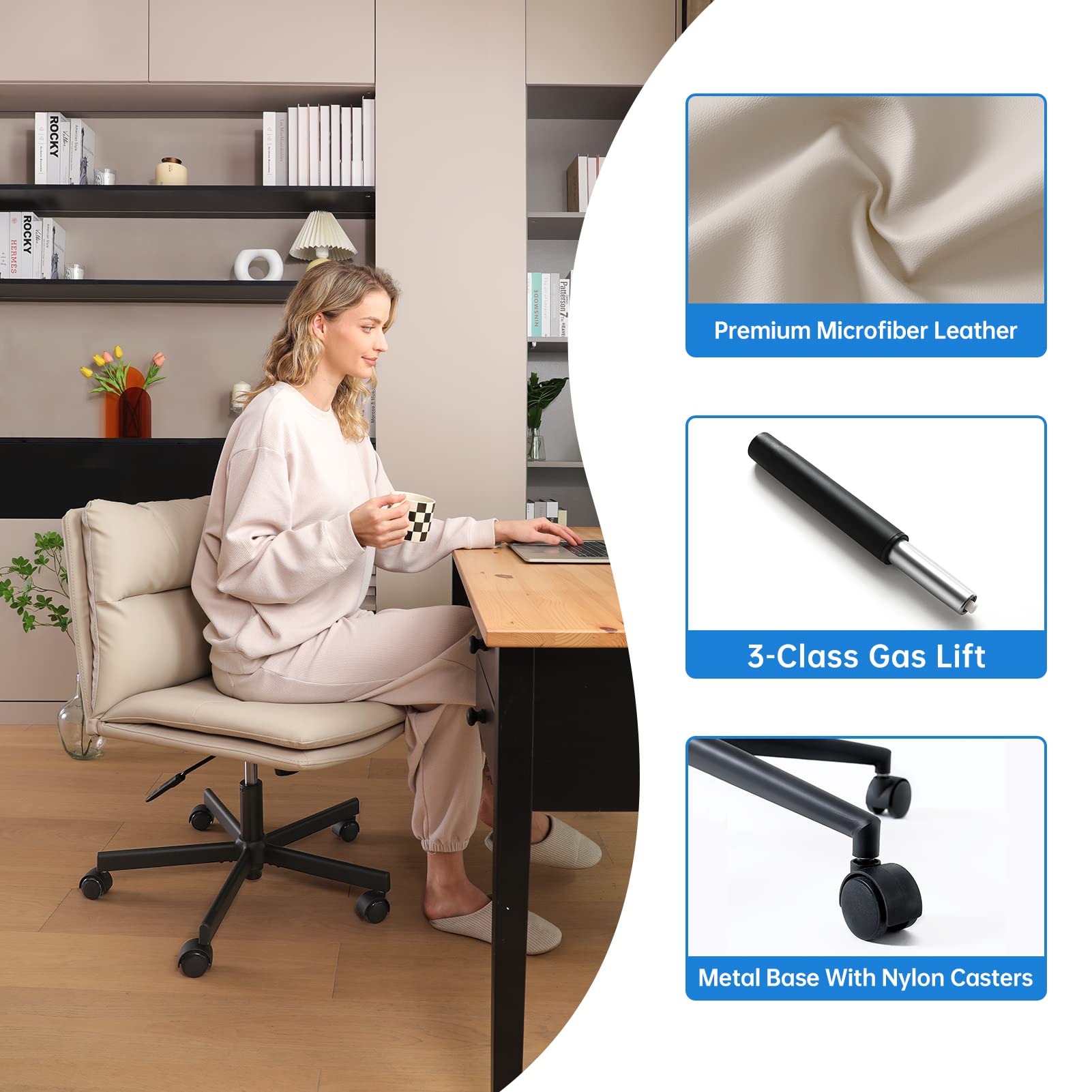EMIAH Armless Office Desks Chair with Wheels PU-Padded Vanity Chair Mid-Back Ergonomic Home Office Computer Chair Comfortable Adjustable Swivel Task Chair with Thickened Cushion