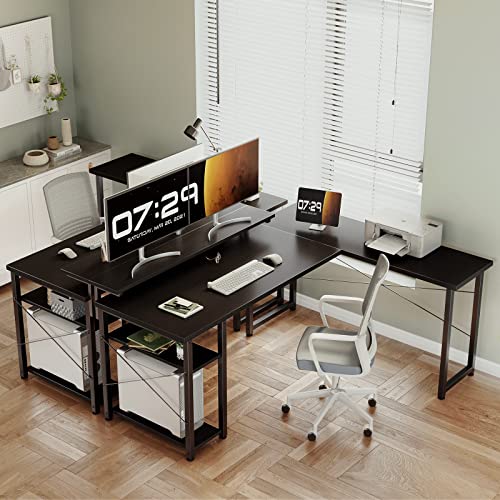 ODK L Shaped Gaming Desk, 61" Corner Computer Desk with Monitor Stand & Storage Shelf, Sturdy Home Office Desk, Black