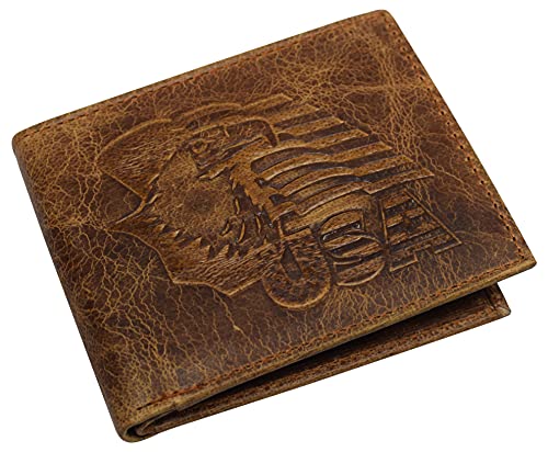 MARSHAL RFID Blocking Genuine Leather Men's Bifold Eagle USA Flag Wallet Gift (Brown)