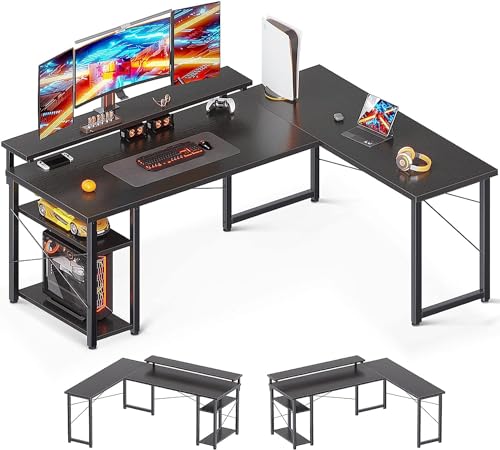 ODK L Shaped Gaming Desk, 61" Corner Computer Desk with Monitor Stand & Storage Shelf, Sturdy Home Office Desk, Black