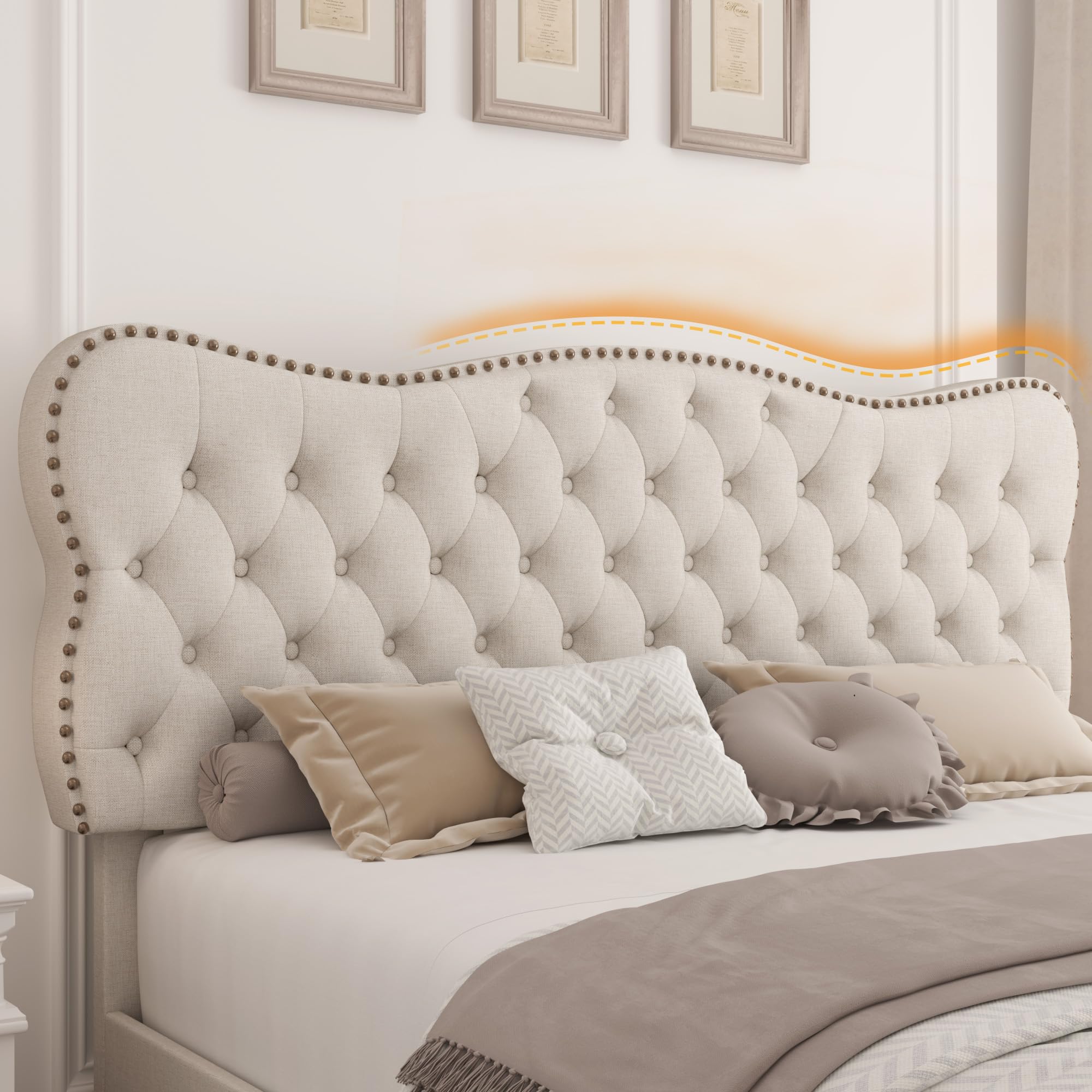 HOSTACK King Bed Frame with 4 Storage Drawers, Upholstered Platform Bed Frame with Button Tufted Headboard, Heavy Duty Mattress Foundation with Wooden Slats, No Box Spring Needed (Beige, King)