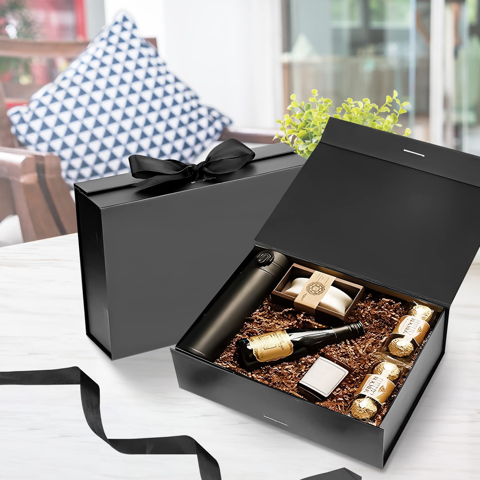 AJH3 ESSENTIALS Deluxe Gift Box: Elegant 10.5x7.5x3.1 Inches Box with Ribbon and Magnetic Closure - Great for All Occasions (1 Pack) (Black)