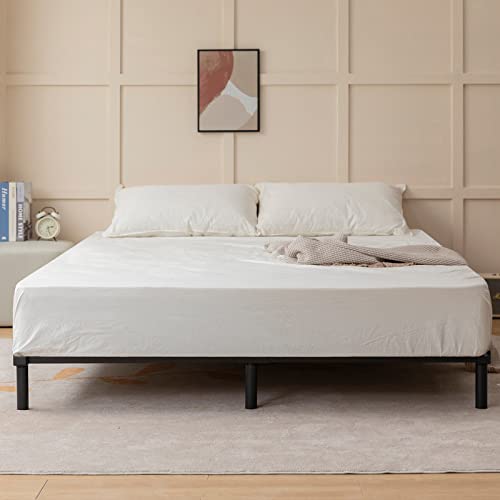 Queen Bed Frame, 7 Inch Metal Platform Bed Frame Queen Size No Box Spring Needed, Floor Bed Frame with Steel Slat Tool-Free Easy Assembly Non-Slip Mattress Foundation, 9-Leg Heavy Duty Bedframe, Black