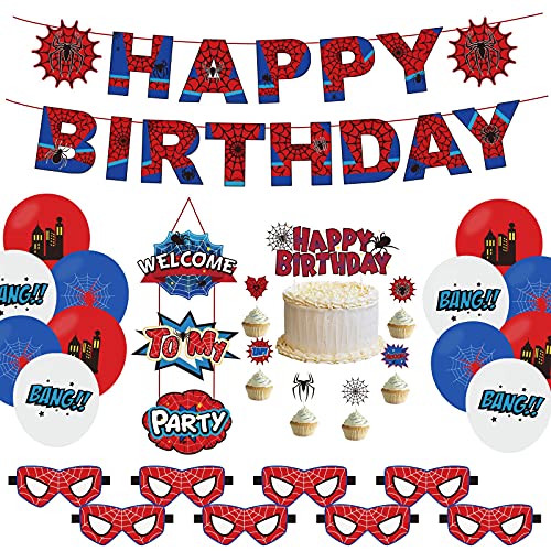 CrzPai Spiderman Birthday Party Decorations Superhero Themed Party Supplies Favors With Banner, Welcome Hanger, Toy Masks, Cake Toppers and Latex Balloons