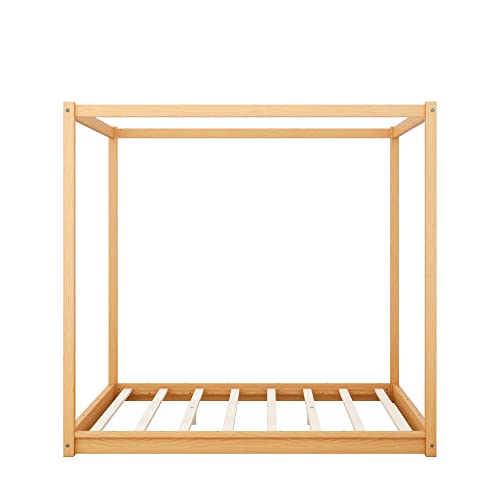 Merax Modern Queen Size Wood Canopy Bed Floor Platform Bed Frame/No Box Spring Needed/Easy Assembly, Nutural