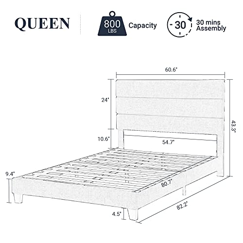 Allewie Queen Size Platform Bed Frame with Fabric Upholstered Headboard and Wooden Slats Support, Fully Upholstered Mattress Foundation/No Box Spring Needed/Easy Assembly, Dark Grey