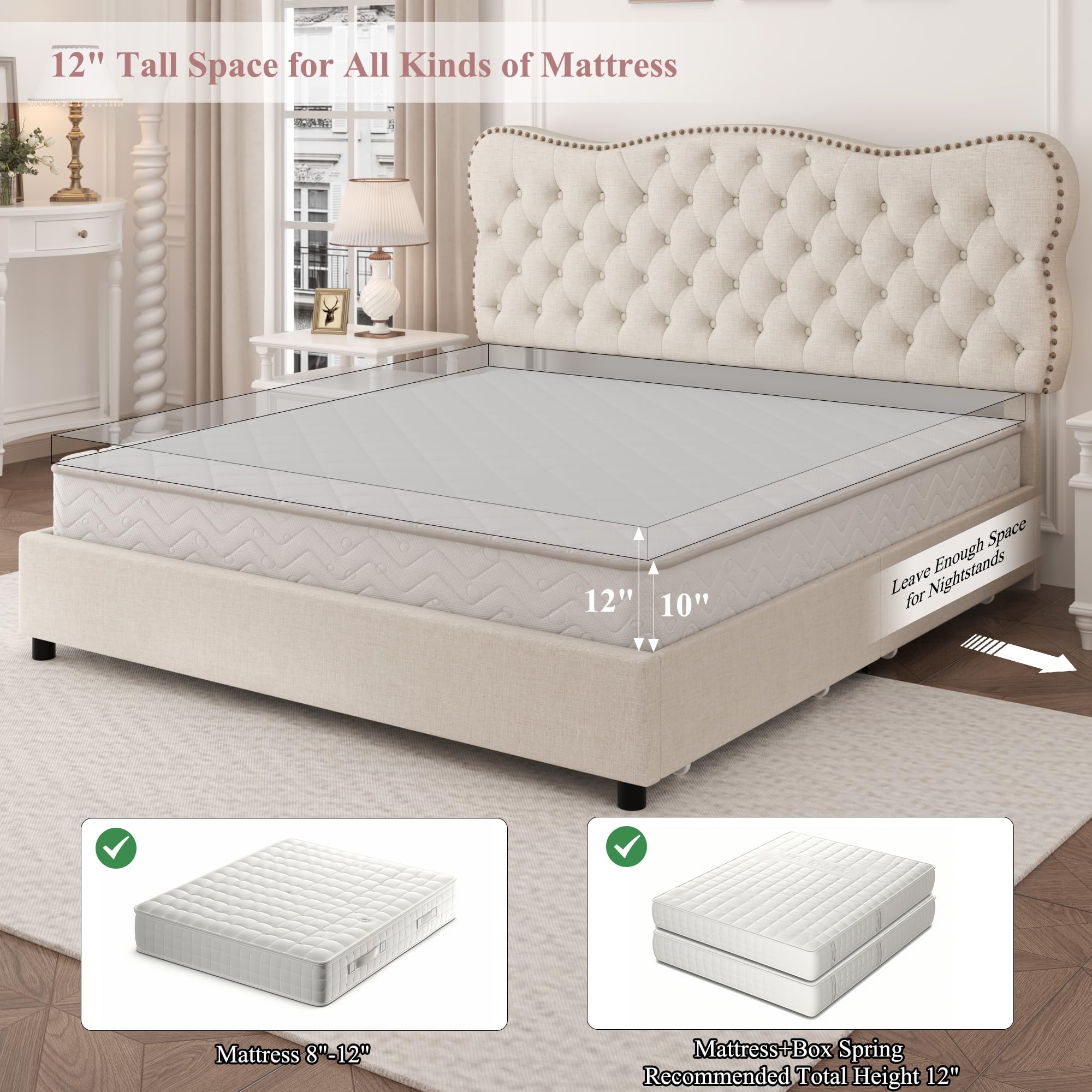 HOSTACK King Bed Frame with 4 Storage Drawers, Upholstered Platform Bed Frame with Button Tufted Headboard, Heavy Duty Mattress Foundation with Wooden Slats, No Box Spring Needed (Beige, King)