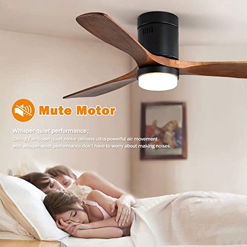 CACI Mall Flush Mount Ceiling Fan with Light, Low Profile Ceiling Fan with Remote Control,52'' indoor Ceiling Fan,3 Walnut Wood Blades, Noiseless DC Motor