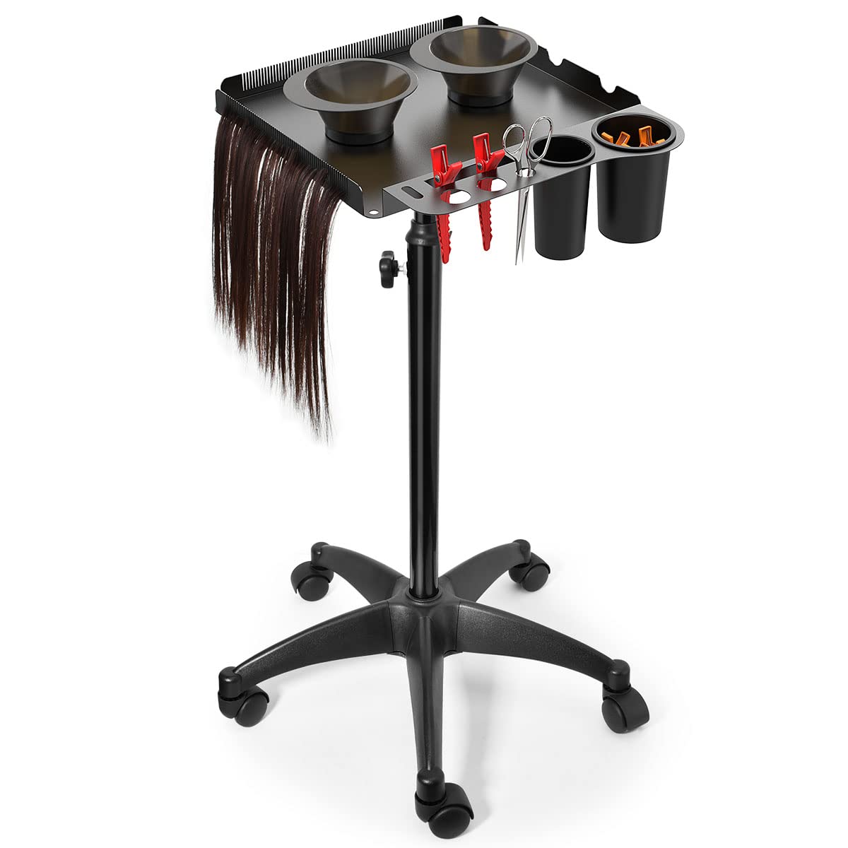 Salon Tray on Wheels with 2 Magnetic Bowls, Rolling Metal Aluminum Tray Cart Height Adjustable for Hair Stylist, Hair Extension Tool Tray, Tattoo Tray with Hair Stickless Wheels