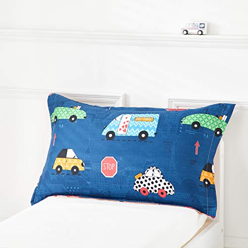 Boys Toddler Bedding Set Navy with Colorful Cars Includes 1 Boys Comforter, Flat Sheet, Fitted Sheet and Pillowcase