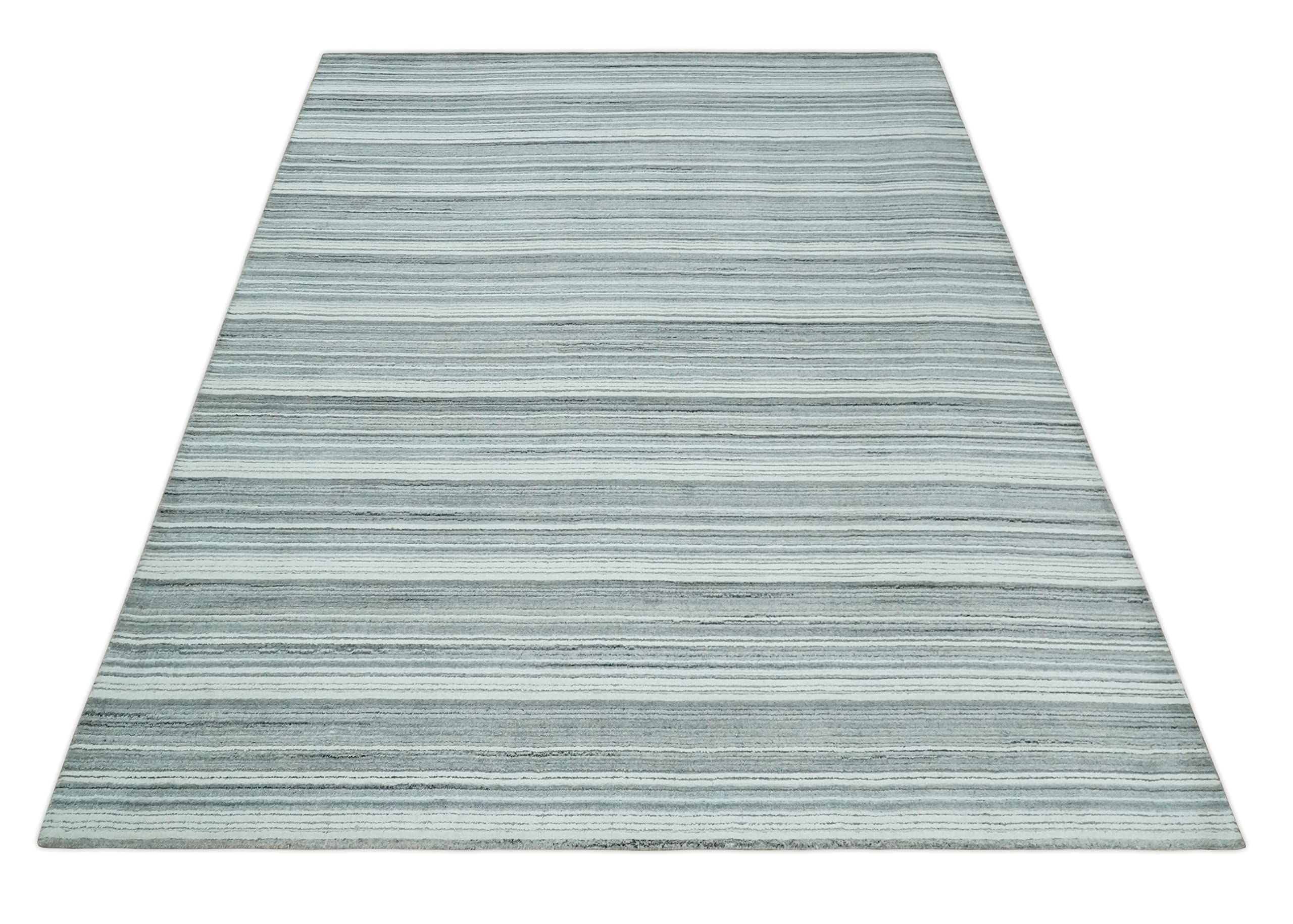 Artisan's Arc Striped Flatwoven Scandinavian Hand Made Blended Wool Area Rug, White, Silver and Gray, 8X10 | KE3810