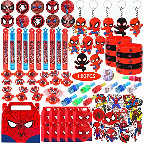 Spider Birthday Party Favors for Kids - 120 Pcs Bubble Wands, Finger Lights, Tumblers, Keychains, Goodie Bags, Wristbands, Stickers, Button Badges Christmas Hero Supplies for Boys Girls Gifts