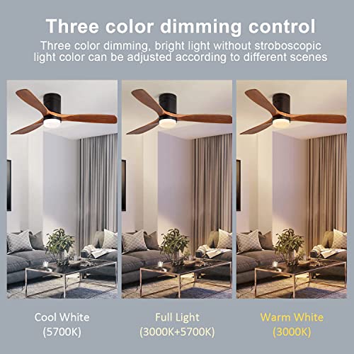 CACI Mall Flush Mount Ceiling Fan with Light, Low Profile Ceiling Fan with Remote Control,52'' indoor Ceiling Fan,3 Walnut Wood Blades, Noiseless DC Motor