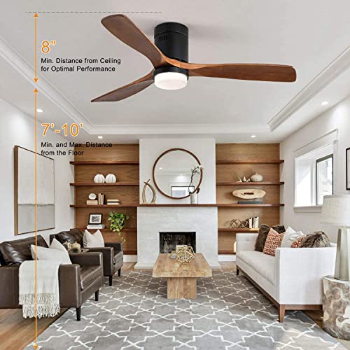 CACI Mall Flush Mount Ceiling Fan with Light, Low Profile Ceiling Fan with Remote Control,52'' indoor Ceiling Fan,3 Walnut Wood Blades, Noiseless DC Motor