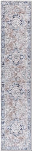 Mark&Day Washable Rugs, 3x12 Wyacondah Traditional Navy Runner Area Rug, Blue Orange Ivory Carpet for Hallway, Kitchen, Bedroom or Living Room (2'7" x 12' Runner, Machine Washable)