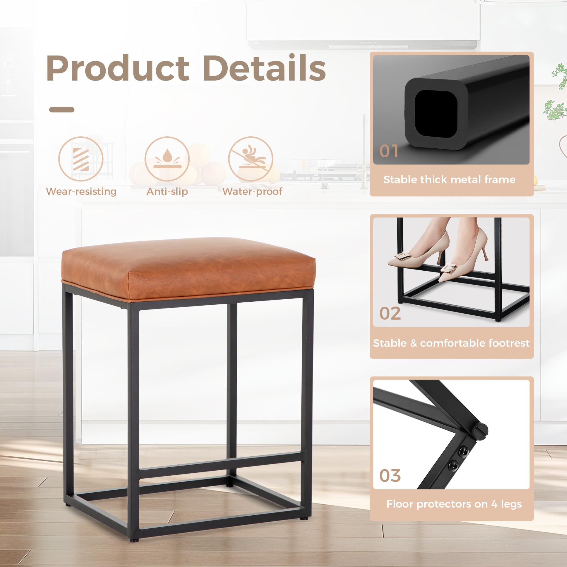MAISON ARTS Counter Height Bar Stools Set of 3 for Kitchen Counter 24 Inch Backless Modern Barstools Industrial Upholstered Faux Leather Stools Farmhouse Island Chairs, Brown