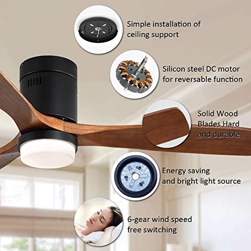 CACI Mall Flush Mount Ceiling Fan with Light, Low Profile Ceiling Fan with Remote Control,52'' indoor Ceiling Fan,3 Walnut Wood Blades, Noiseless DC Motor