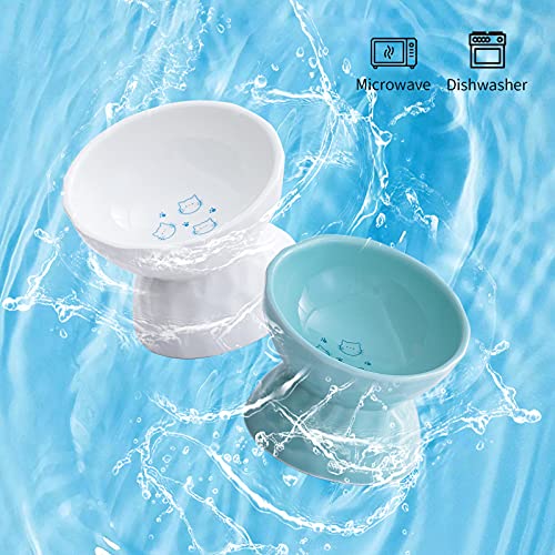 TAMAYKIM Tilted Ceramic Raised Cat Bowls, 8 OZ Food and Water Bowl Set for Cats, 5 inch Porcelain Elevated Stress Free Feeding Pet Dish, Dishwasher and Microwave Safe, 2 Pack (White & Mint Green)
