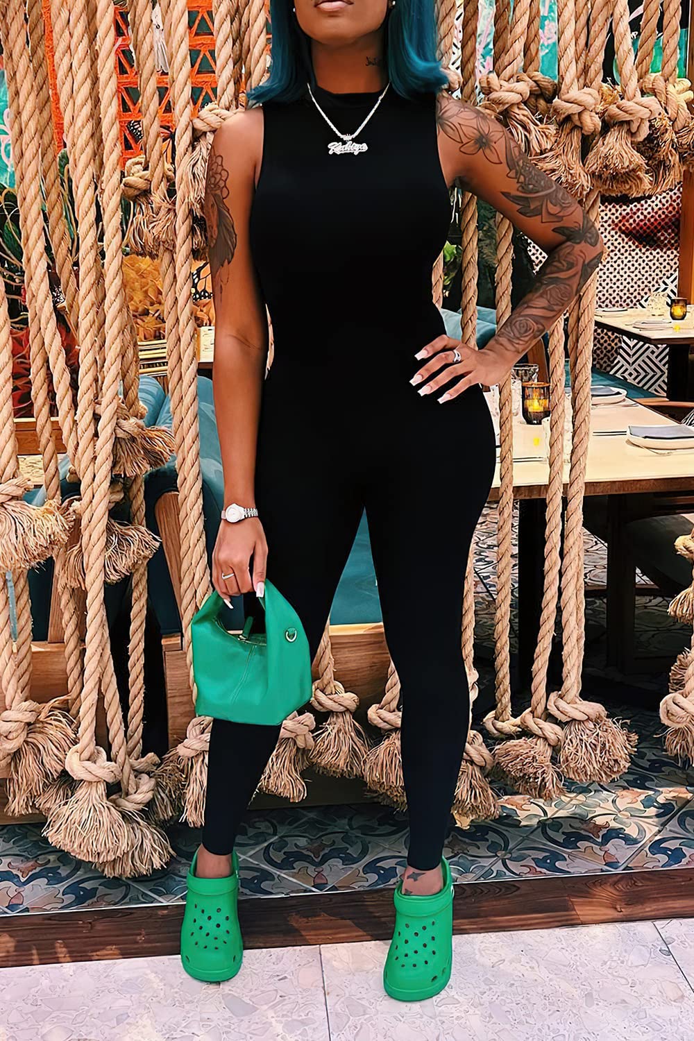 PRETTYGARDEN Women's Summer Bodycon Jumpsuits Casual Sleeveless One Piece Stretchy Tank Slim Fit Romper (Pants Black,Medium)