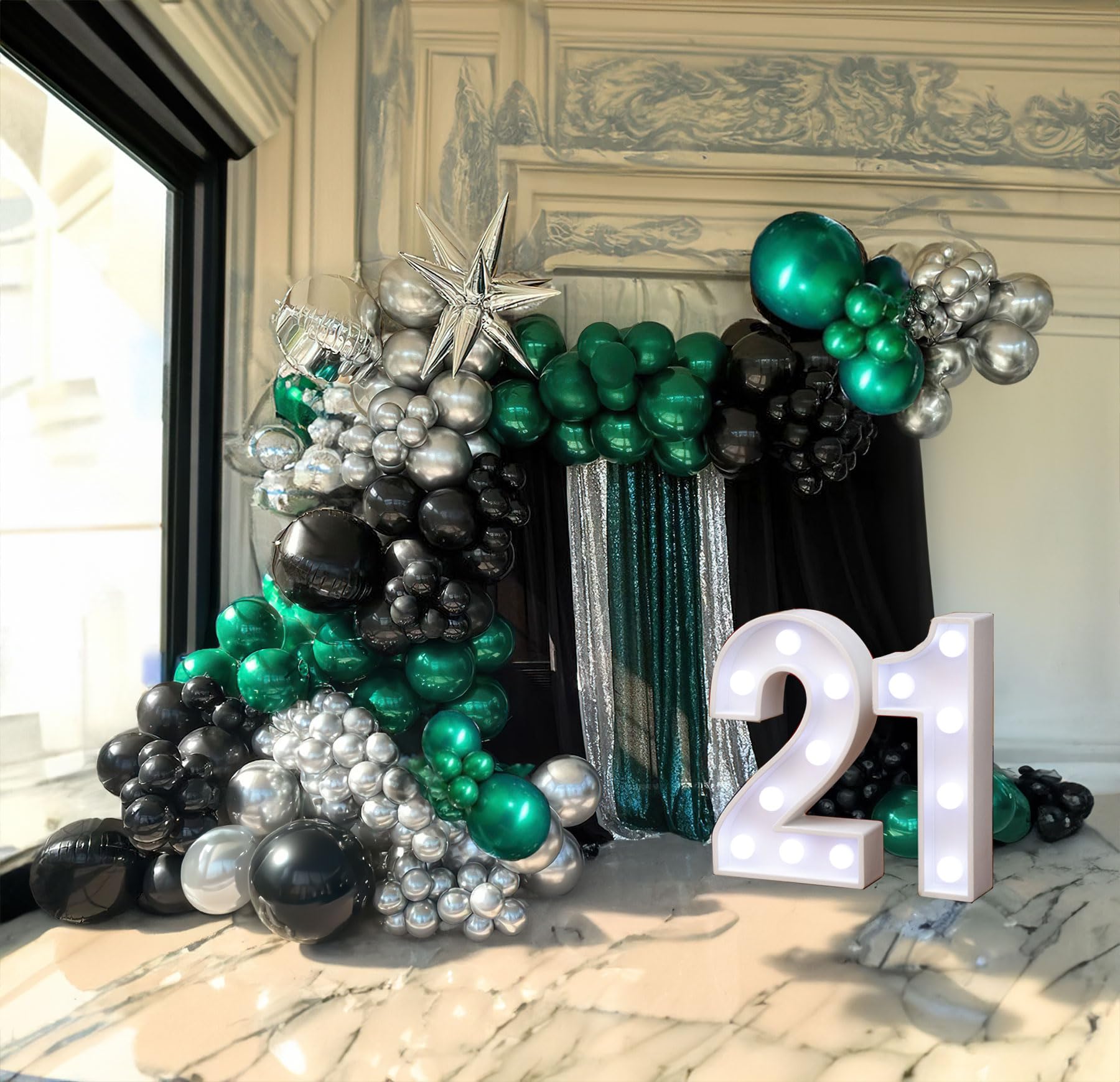 Emerald Green Silver Balloon Garland Arch Kit Double Stuffed Dark Green Black Balloons With Silver Star Balloons for Luxury Birthday Party Christmas grad decorations 2025 Decorations