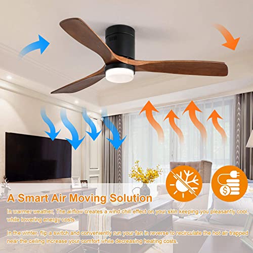 CACI Mall Flush Mount Ceiling Fan with Light, Low Profile Ceiling Fan with Remote Control,52'' indoor Ceiling Fan,3 Walnut Wood Blades, Noiseless DC Motor