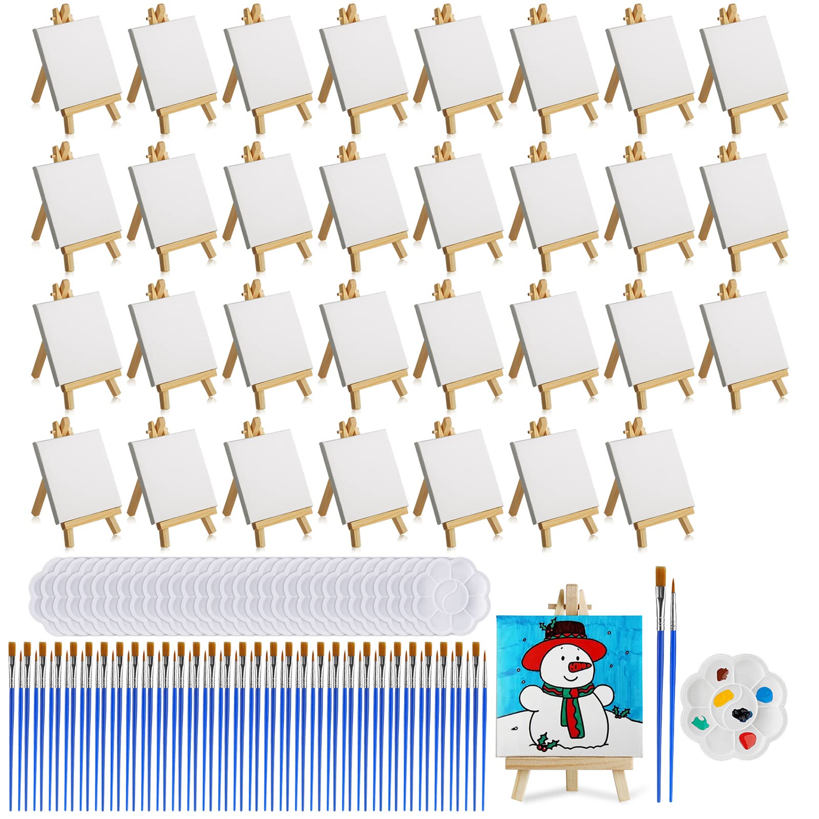32 Pack Mini Canvases for Painting, Small Stretched Painting Canvas with Mini Easel 4x4 Inch, Art Canvases Painting Kit with 64 Brushes & 32 Paint Tray for Kids Acrylic Pouring Oil Water Color Supply