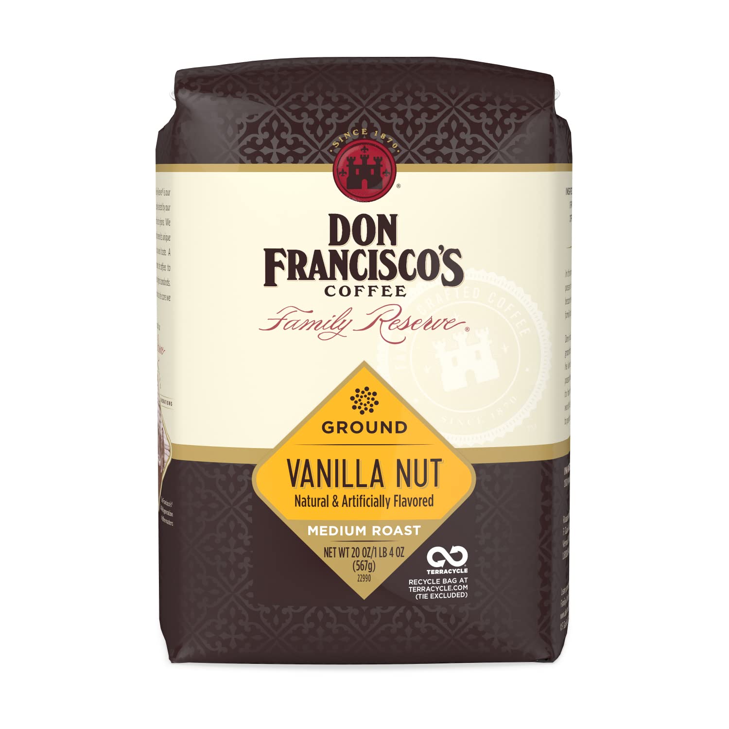 Don Francisco's Premium Vanilla Nut Medium Roast Ground Coffee - 100% Arabica Beans, Perfect for Drip, Pour Over, and French Press - Carefully Sourced, Family-Crafted Since 1870 (20 oz Bag)