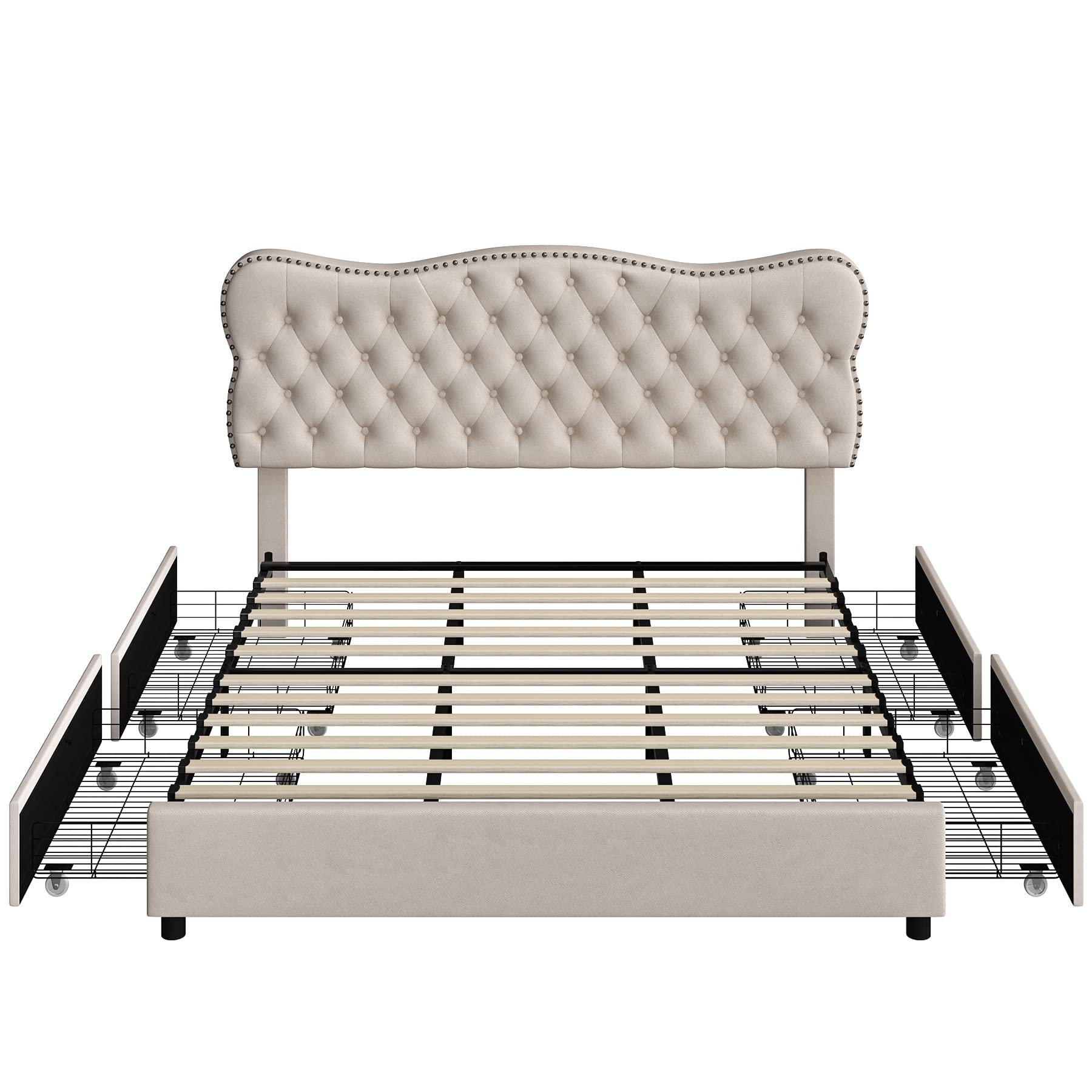HOSTACK King Bed Frame with 4 Storage Drawers, Upholstered Platform Bed Frame with Button Tufted Headboard, Heavy Duty Mattress Foundation with Wooden Slats, No Box Spring Needed (Beige, King)