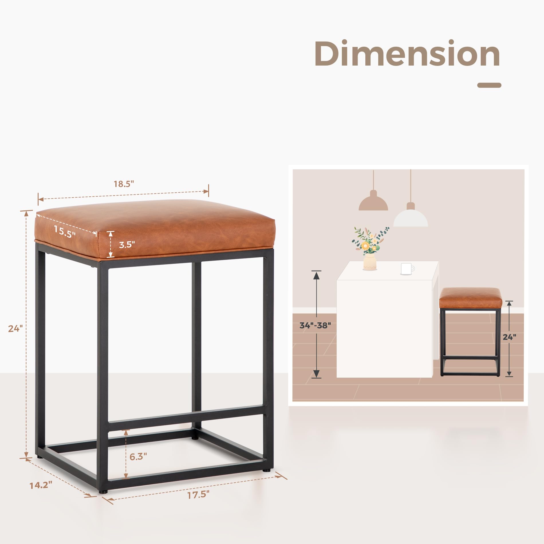 MAISON ARTS Counter Height Bar Stools Set of 3 for Kitchen Counter 24 Inch Backless Modern Barstools Industrial Upholstered Faux Leather Stools Farmhouse Island Chairs, Brown
