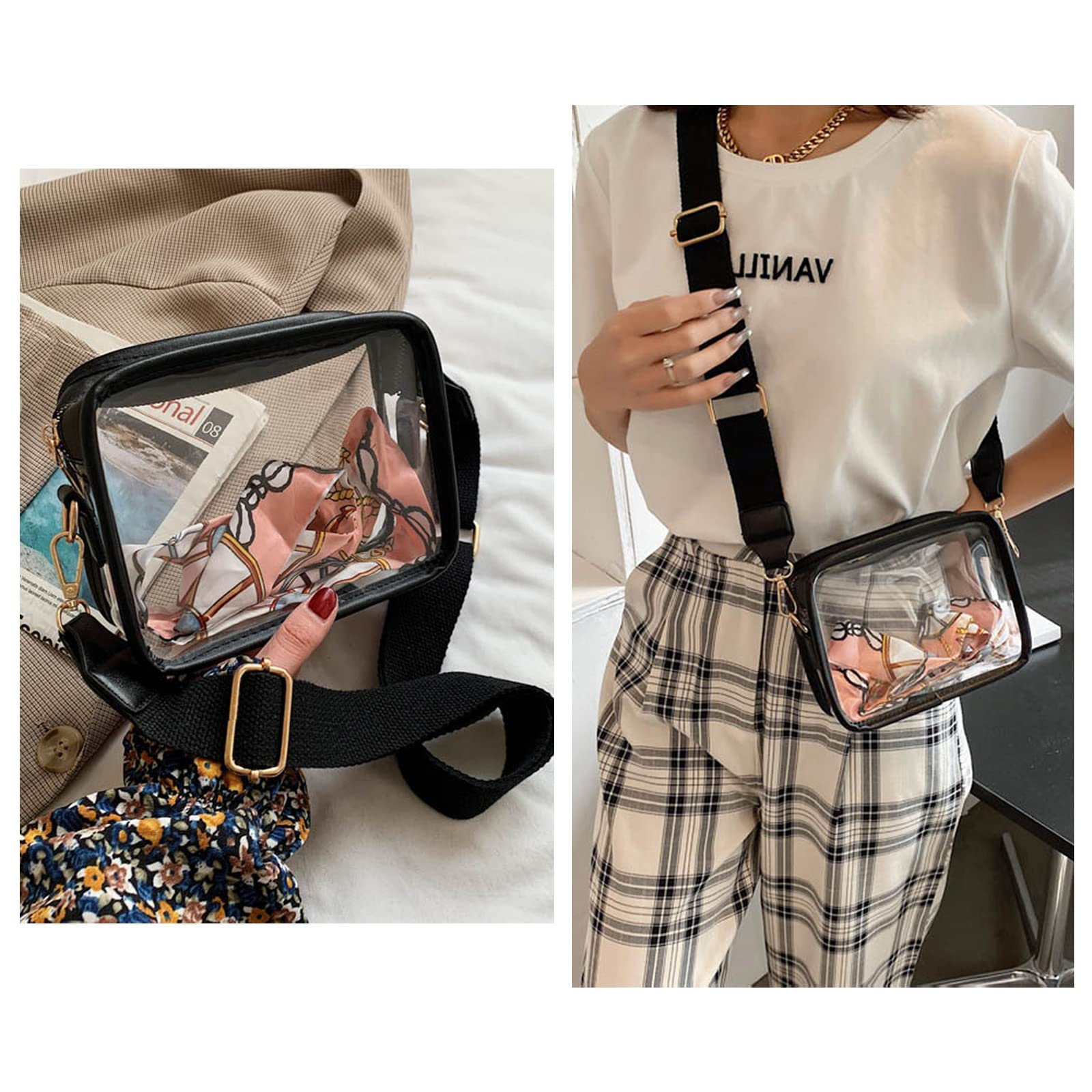 KlaOYer 2 Adjustable Strap PVC Clear Crossbody Bags with Silk, Stadium Approved Transparent Shoulder Bag Handbag Small Square Phone Bag Zipper Purse (Black 1)