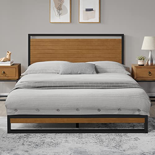 Yaheetech 37 Inch Metal Platform Bed Frame with Wood Headboard Solid Wood & Steel Construction No Box Spring Needed Wood Slat Support Easy Assembly Chestnut Brown Full