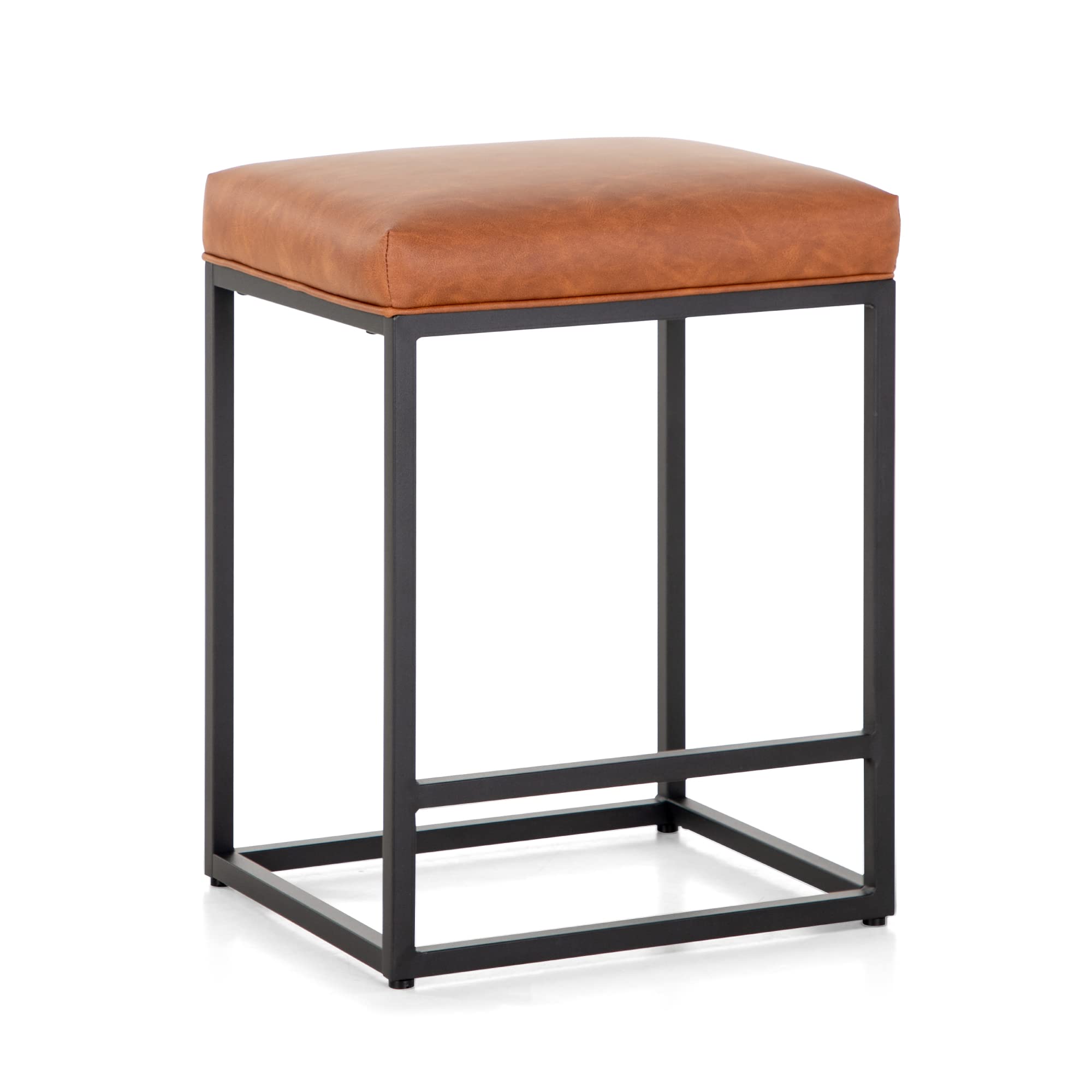 MAISON ARTS Counter Height Bar Stools Set of 3 for Kitchen Counter 24 Inch Backless Modern Barstools Industrial Upholstered Faux Leather Stools Farmhouse Island Chairs, Brown