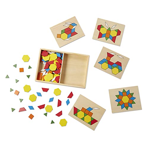 Melissa & Doug Pattern Blocks and Boards - Classic Toy With 120 Solid Wood Shapes and 5 Double-Sided Panels, Multi-colored - STEAM Toy, Wooden Pattern Blocks Animals, Tangrams Puzzle For Kids Ages 3+