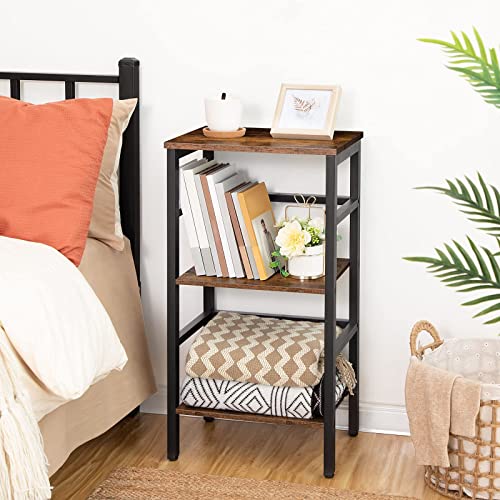 HOOBRO 3 Tier Bookshelf, Record Storage Rack with Side Fence, Wooden Free-Standing Shelf Units, Narrow Display Shelf for Living Room, Bedroom,Classroom, Rustic Brown BF80CJ01