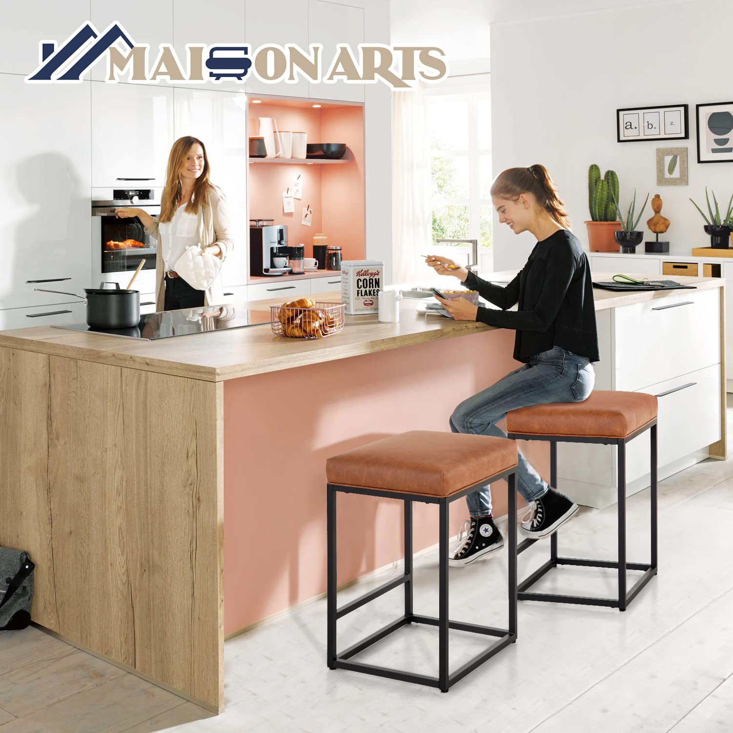 MAISON ARTS Counter Height Bar Stools Set of 3 for Kitchen Counter 24 Inch Backless Modern Barstools Industrial Upholstered Faux Leather Stools Farmhouse Island Chairs, Brown