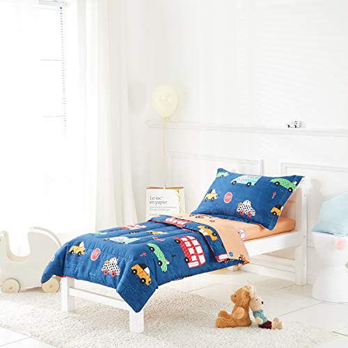 Boys Toddler Bedding Set Navy with Colorful Cars Includes 1 Boys Comforter, Flat Sheet, Fitted Sheet and Pillowcase