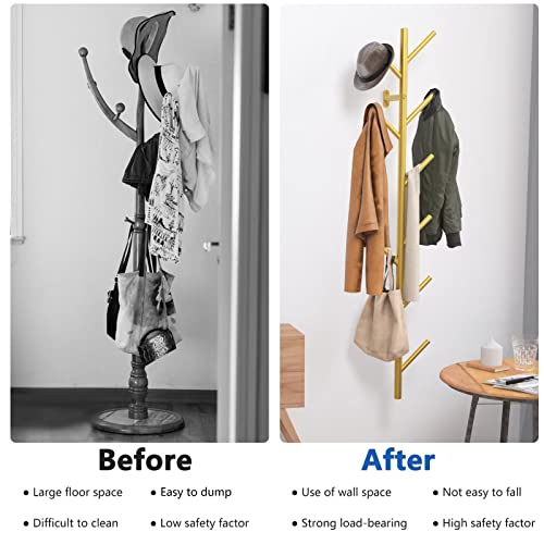 Omsaca Wall Mounted Coat Rack, Hat Tree For Wall, Modern Metal Wall Clothes Rack, Purse Rack With 11 Hooks, Space Saving And Easy Installation, Suitable For Living Room, Bedroom, Entryway-Tree Golden