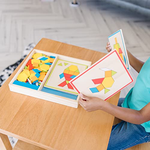 Melissa & Doug Pattern Blocks and Boards - Classic Toy With 120 Solid Wood Shapes and 5 Double-Sided Panels, Multi-colored - STEAM Toy, Wooden Pattern Blocks Animals, Tangrams Puzzle For Kids Ages 3+